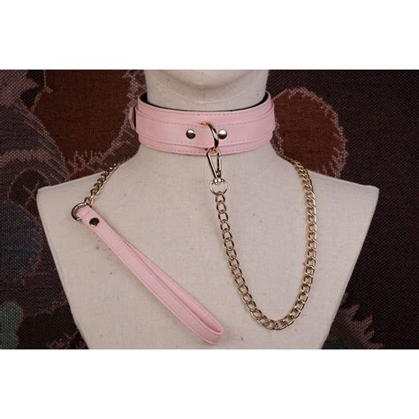 Pink Collar And Leash Chain Set For Woman Pink Vegan Leather Collar