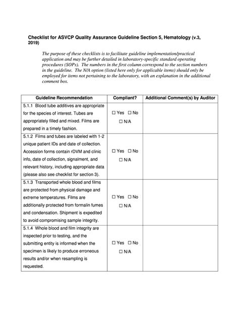 Fillable Online Checklist For Asvcp Quality Assurance Guideline Section