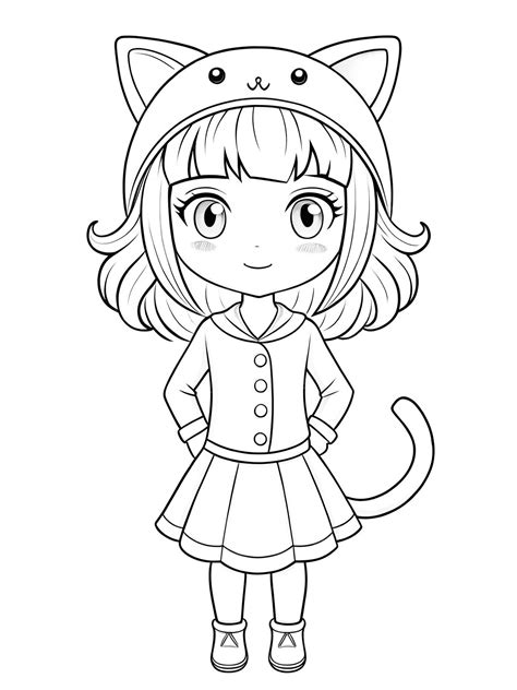 Cute Girl Character With Cat Ears Hat In Chibi Style Black And White