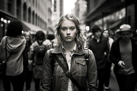 Premium Ai Image A Woman With A Strap Over Her Shoulder Walks Down A