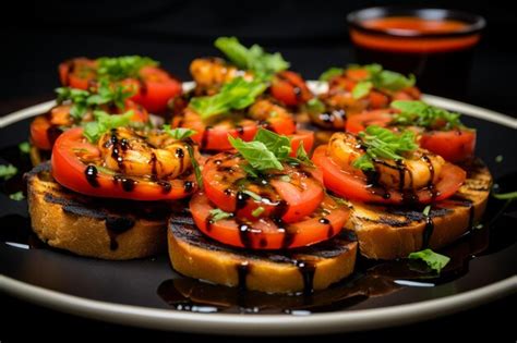 Premium Photo Shrimp Scampi Tomato Bruschetta With Balsamic Glaze