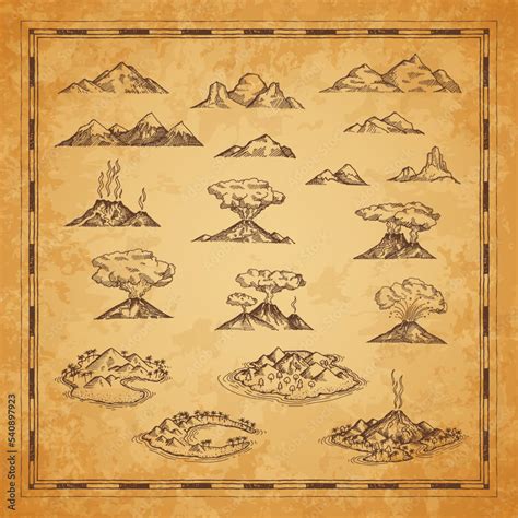 Vintage Map Islands Mountains And Volcanoes Sketches Antique Cartography Vector Elements Of