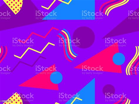 80 년대 스타일의 기하학적 모양이있는 매끄러운 패턴 팔십은 홍보 제품 포장지 및 인쇄를위한 다채로운 배경을 인쇄합니다 벡터 일러스트레이션 0명에 대한 스톡 벡터 아트 및