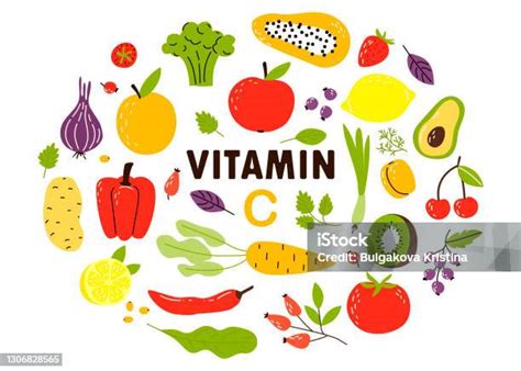 아스코르브산으로 강화된 비타민 C 과일과 채소의 공급원 수집 흰색 배경에 격리 된 만화 플랫 벡터 일러스트레이션 비타민에 대한 스톡 벡터 아트 및 기타 이미지 Istock