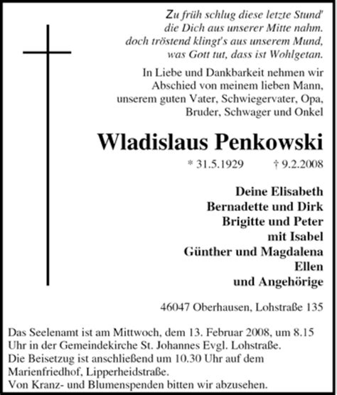 Traueranzeigen Von Wladislaus Penkowski Trauer In Nrw De