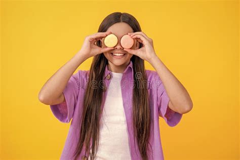 Girl With Macaroon Yummy Macaroon Dessert Teen Girl Savoring A