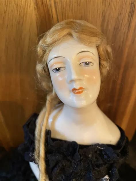 Antique Large Porcelain Pin Cushion Half Doll With Wig Body And Cane