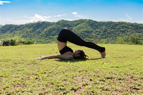 아름 다운 매력적인 아시아 여자 연습 요가 Halasana 포즈 또는 쟁기 자세 요가 명상과 함께 휴식과 건강 초원 느낌 행복에