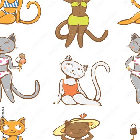 Summer Seamless Pattern With Cats In Bikini Cute Cartoon Cats On The