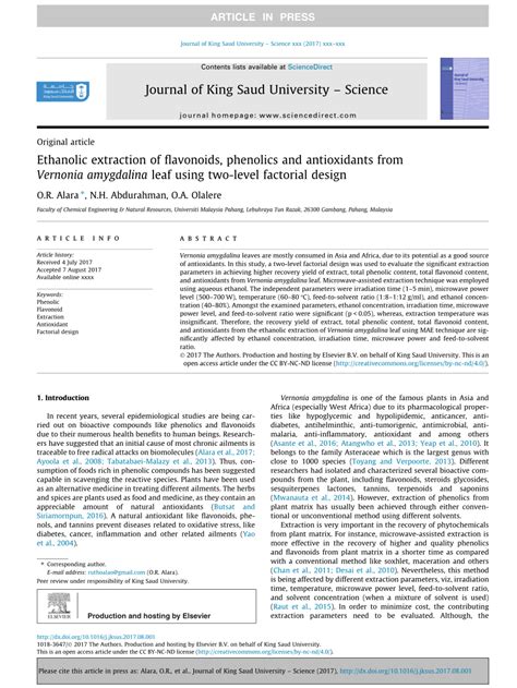 Pdf Ethanolic Extraction Of Flavonoids Phenolics And Antioxidants From Vernonia Amygdalina