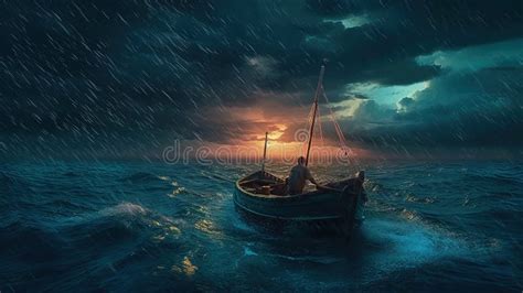 A Man Navigating A Magical Vessel Amidst Turbulent Ocean Waves With