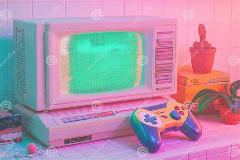 Retro Gaming Console And Monitor Setup In A Colorful Aesthetic Atmosphere Generative Ai Stock