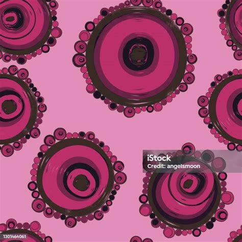 기하학적 매끄러운 패턴 완벽하게 다른 크기의 색상으로 중첩 원을 접촉 질감 점으로 채워진 원으로 반복 패턴 섬유 포장지 배너용 회색 에 핑크 0명에 대한 스톡 벡터 아트 및