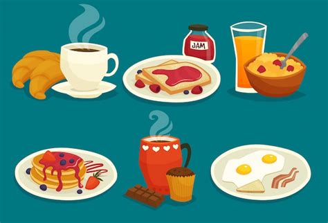 Conjunto De Comidas Saludables Para El Desayuno Ilustración Plana