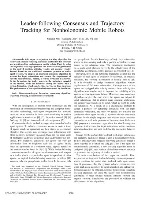 Pdf Leader Following Consensus And Trajectory Tracking For Nonholonomic Mobile Robots