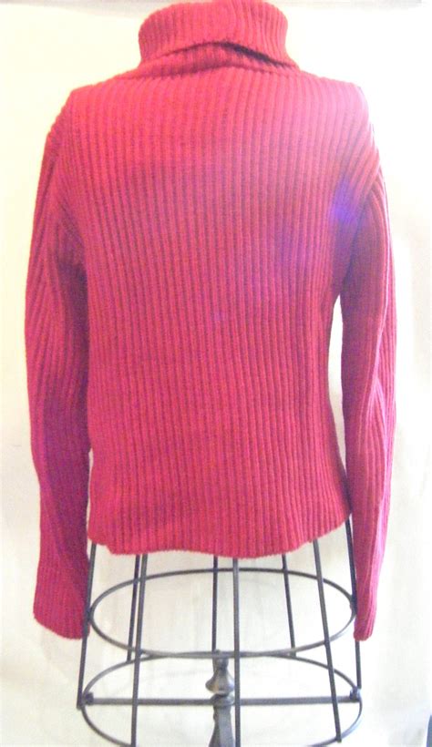 Vintage Red Turtleneck Cotton Cable Knit Box Sweater Pullover Winter