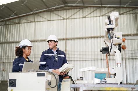자동화된 Ai 로봇 생산 공장에서 일하는 다민족 산업 엔지니어 새로운 산업 기술 개념 프리미엄 사진