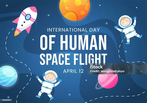 4월 12일 국제 인간 우주 비행의 날 로켓과 어린이 우주 비행사가 랜딩 페이지 템플릿을 위해 그린 평평한 만화에 있는 그림 4월에 대한 스톡 벡터 아트 및 기타 이미지