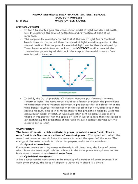 Wave Optics Notes Pdf Diffraction Refraction