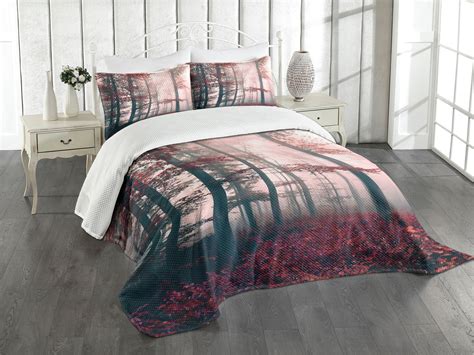 Ambesonne Forest Quilted Bedspread Set 3 Pcs Autumn Fall Nature Woods