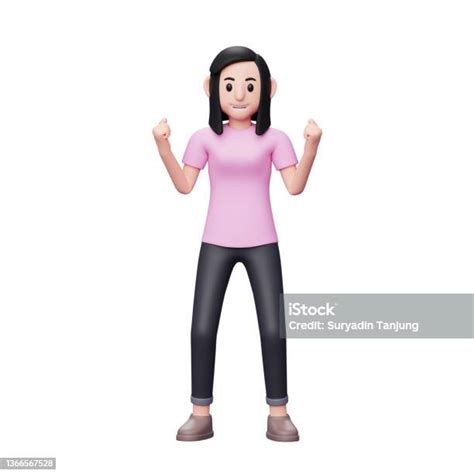 해피 걸과 팔과 함께 우승자 제스처를 하고 흥분 트렌디 한 색상으로 성공 축하 포즈 2022 3d 여성 캐릭터 일러스트레이션 3