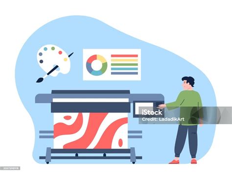 인쇄소 직원 남자는 거짓말 탐지기 프린터로 작업하고 색상과 잉크를 선택합니다 프리프레스 및 인쇄 타이포그래피 장비 및 서비스 최근 벡터 장면 인쇄공에 대한 스톡 벡터 아트