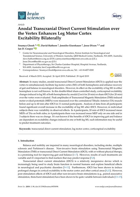 Pdf Anodal Transcranial Direct Current Stimulation Over The Vertex Enhances Leg Motor Cortex