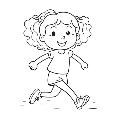 Niña Corriendo Para Colorear Vector Png Esquema De Ejercicio De Dibujos Animados Lindo Simple