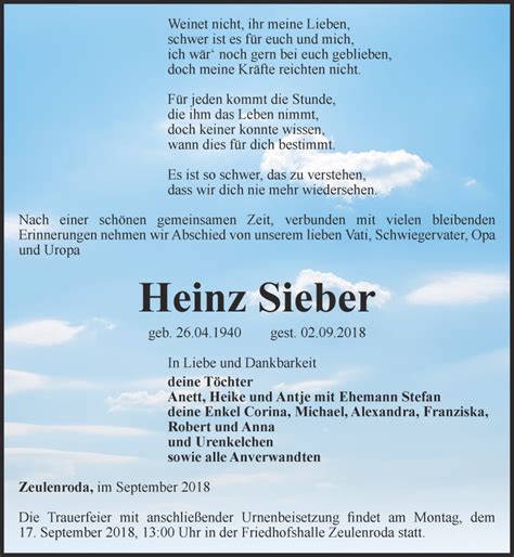 Traueranzeigen Von Heinz Sieber Trauer In Thueringen De