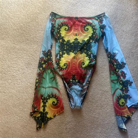 Badinka Rainbow Swirly Mesh Bodysuit With Flared Depop
