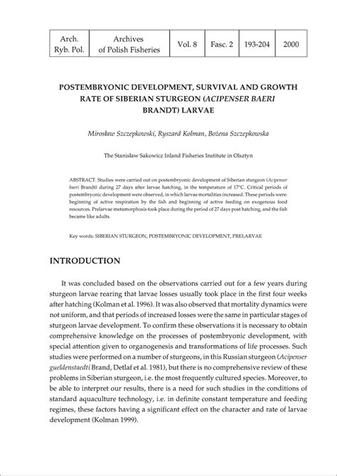 Pdf Postembryonic Development Survival And Growth Rate Of Siberian