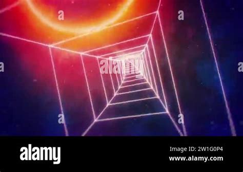 Rotating Retro Square Grid Tunnel And Distant Planets In Space Seamlessly Looping Animated