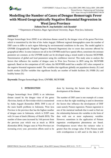 Pdf Modelling The Number Of Cases Of Dengue Hemorragic Fever With