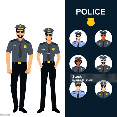 員警男人和女人 圖示設置在統一向量插圖中的員警向量圖形及更多人圖片 人 人的臉部 人體部分 Istock