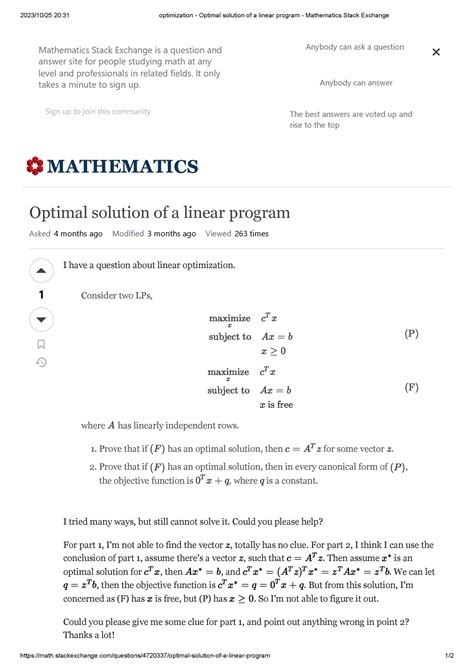 optimization optimal solution of a linear program mathematics stack