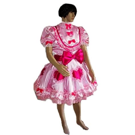 Mid Collar Gothic Lockable Sissy Dress Pink Satin Heart Bow Belt Lace
