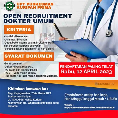 Lowongan Kerja Dokter Umum Di UPT Puskesmas Kuripan Prima Lombok Barat