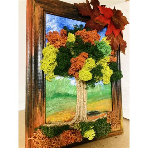 Ръчно рисувана Картина пано с истински скандинавски мъх ”Дървото на Живота Есенна радост”