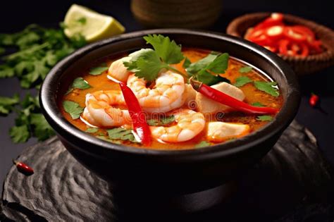 Tom Yam Kung Spicy Thai Soup With Shrimp In A Black Bowl Stock