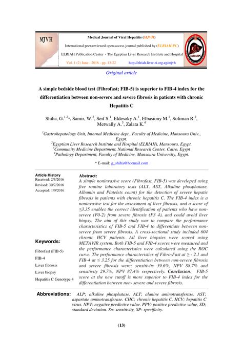 PDF A Simple Bedside Blood Test Fibrofast FIB Is Superior To FIB Index For The