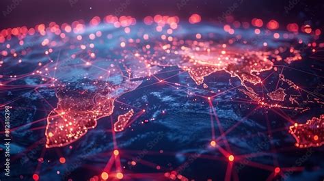 Abstract Glowing Plexus World Map With Bright Red Dots Connected With