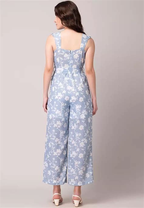 Buy FabAlley Blue And White Floral Print Jumpsuit With Belt Online
