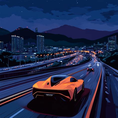 한국의 도시에서 자율 주행 스포츠카가 도로를 주행하는 모습 현대적인 디자인과 세련된 외관 고속도로의 풍경과 함께 역동적인 주행 장면 밤하늘의 도시 조명이 반사되는 차체