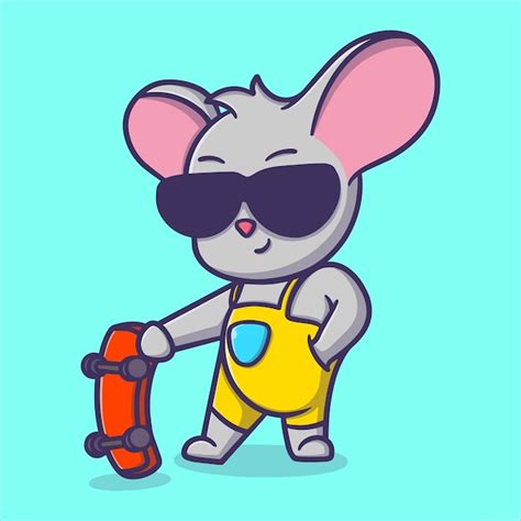 스케이트 보드 만화 벡터 아이콘 그림을 들고 귀여운 멋진 마우스 프리미엄 벡터