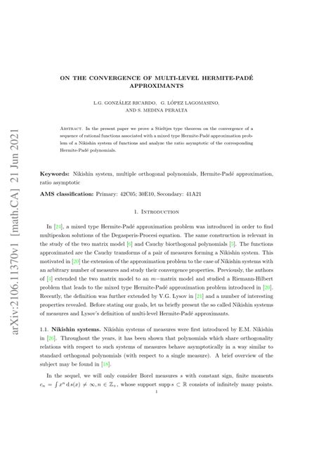 Pdf On The Convergence Of Multi Level Hermite Padé Approximants