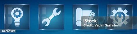 전구와 기어 렌치 스패너 그래프 용지 연필 렌치 스패너 와 장비를 설정합니다 정사각형 유리 패널 벡터 개념에 대한 스톡 벡터 아트 및 기타 이미지 Istock