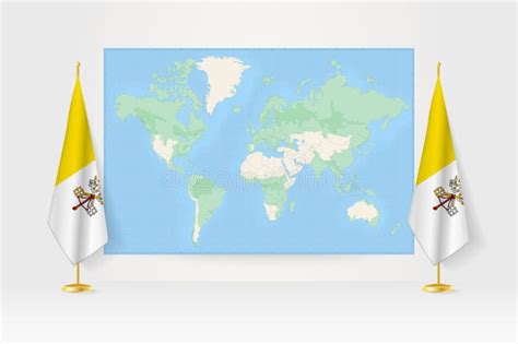 world map between two hanging flags of vatican city flag stand stock