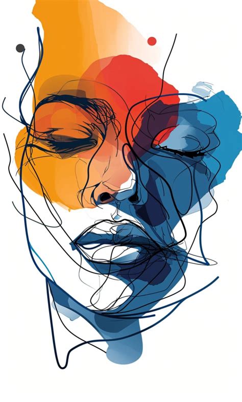 Elegant Abstract Face Art Modern Line Drawing Colorful Digital