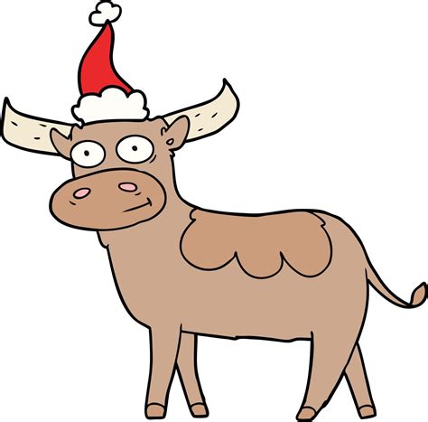 Desenho De Linha De Um Touro Usando Chapéu De Papai Noel 10533689 Vetor