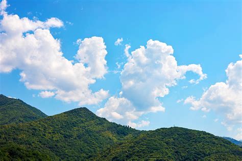 인 크 레 더블 밝은 바다 경치 녹색 숲된 산 및 푸른 바다 푸른 하늘 흰 구름의 전망 Boka Kotorska Bay